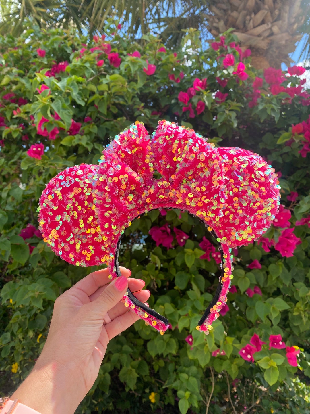 Hot Pink Minnie Mouse Ears Pink Sequin Disney Ears Iridescent Pink ...
