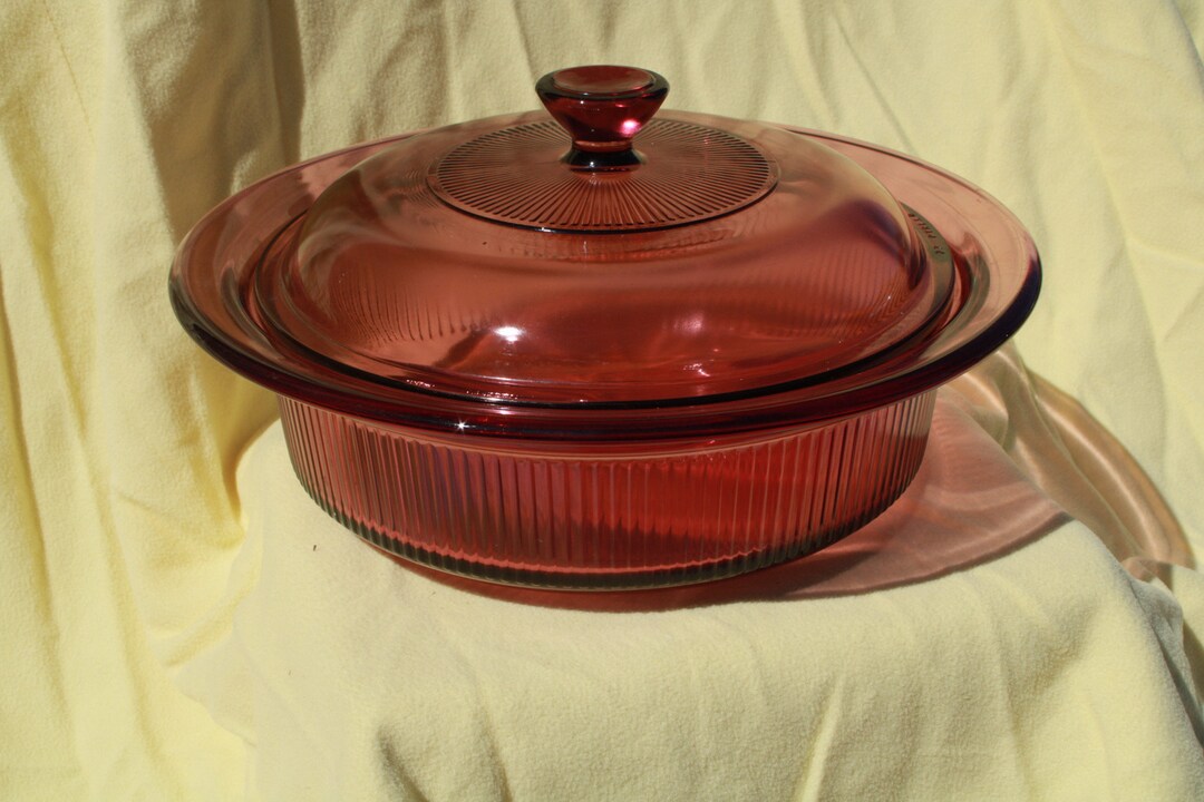 Vintage Cranberry Vision Ware 1Q Casserole Dish Made in USA Pyrex, With ...