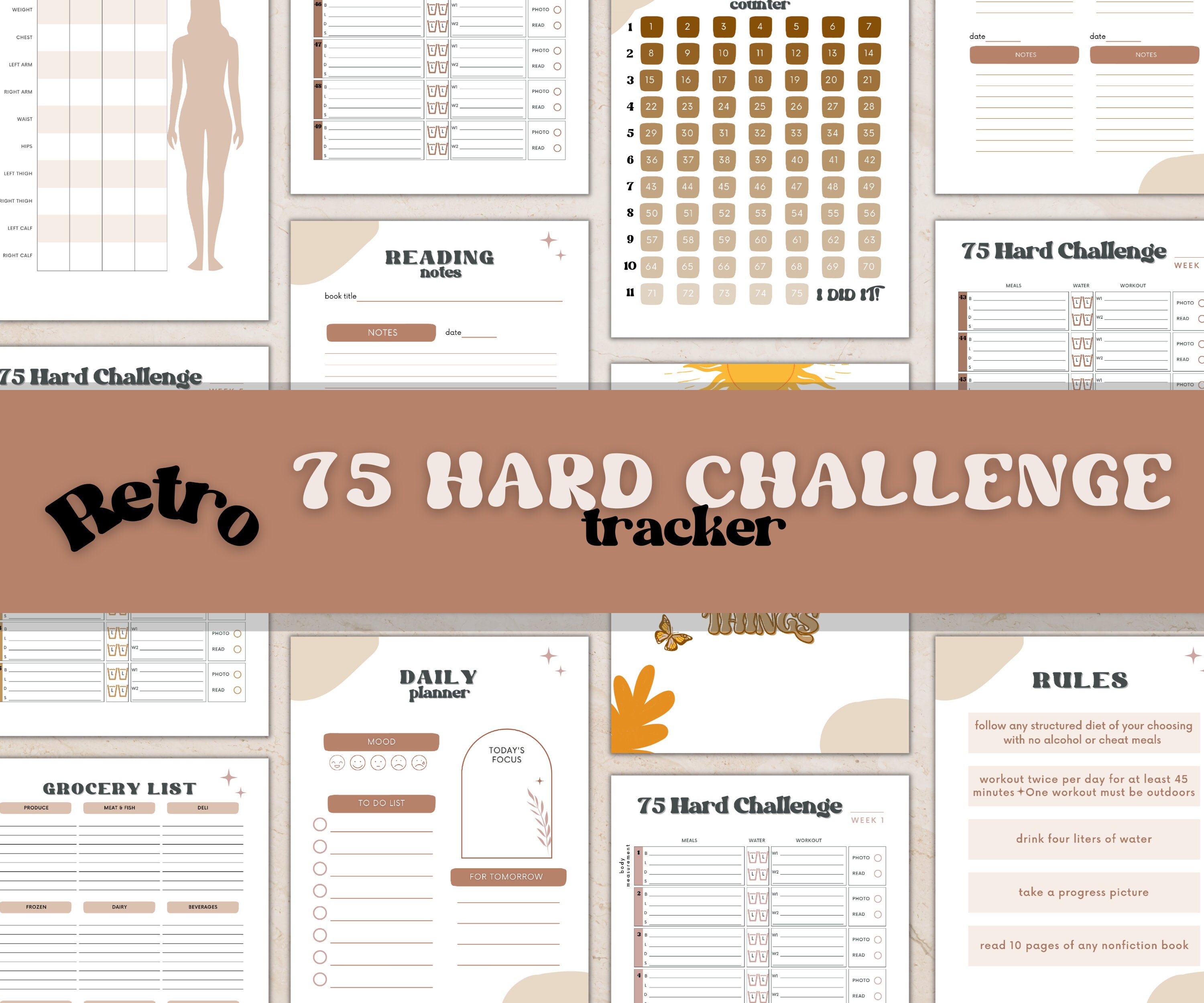 Retro 75 Day Challenge Tracker, Printable and Digital, Daily & Weekly ...