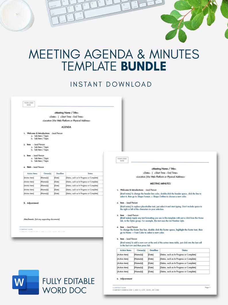 Meeting Agenda and Meeting Minutes Template | Professional Word ...