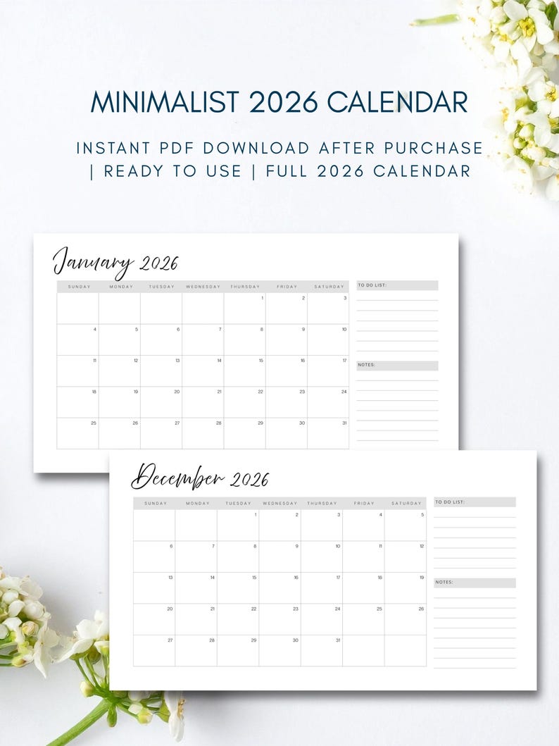 2026 Simple Calendar | Printable Minimalist Monthly Calendar | Instant ...