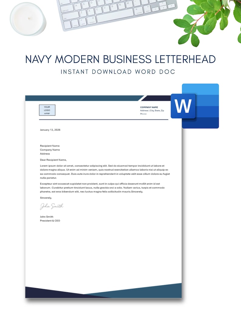 Navy Business Letterhead Template | Editable Word Doc (instant Download ...