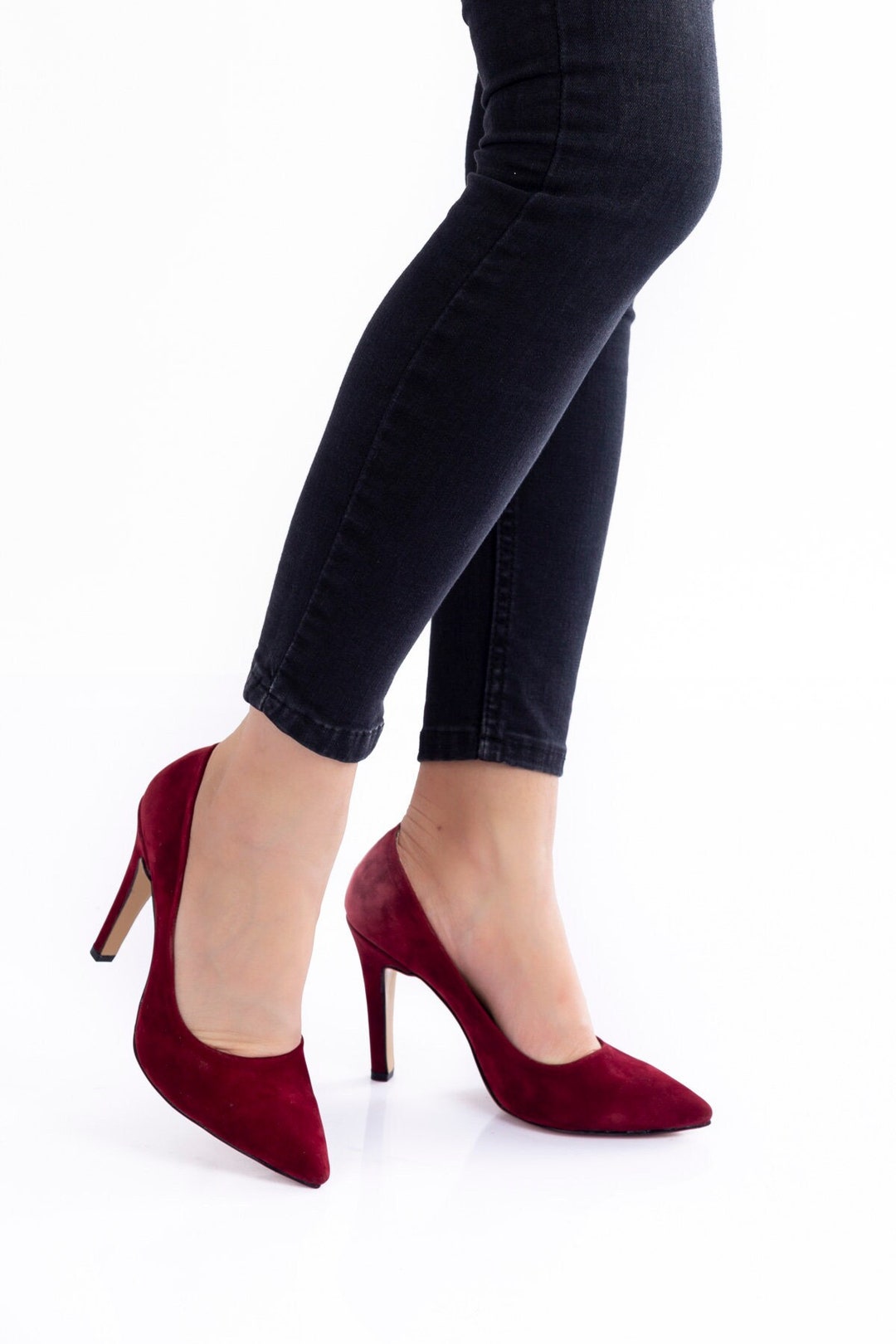 Burgundy Suede Shoes/wedding Shoes/ Comfortable Heels/ Thin Heel ...