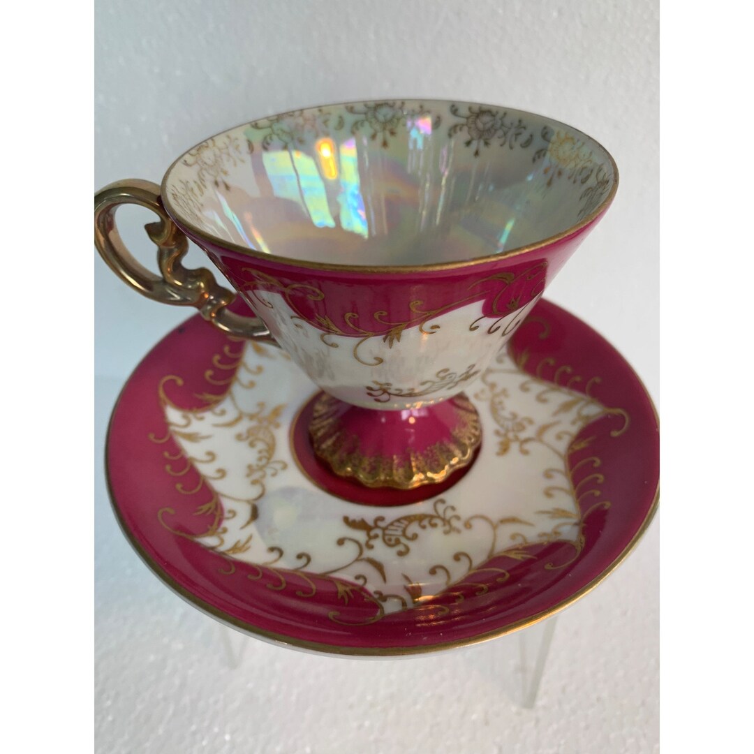 Footed Iridescent Maroon Tea Cup and Saucer - Etsy