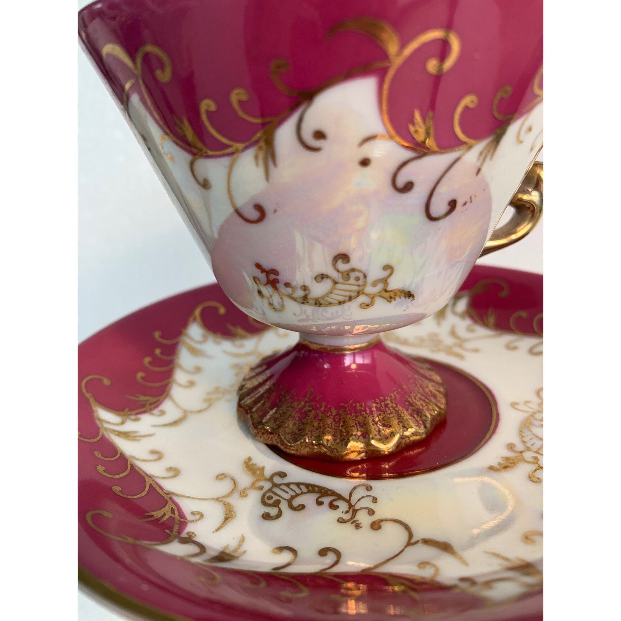 Footed Iridescent Maroon Tea Cup and Saucer - Etsy