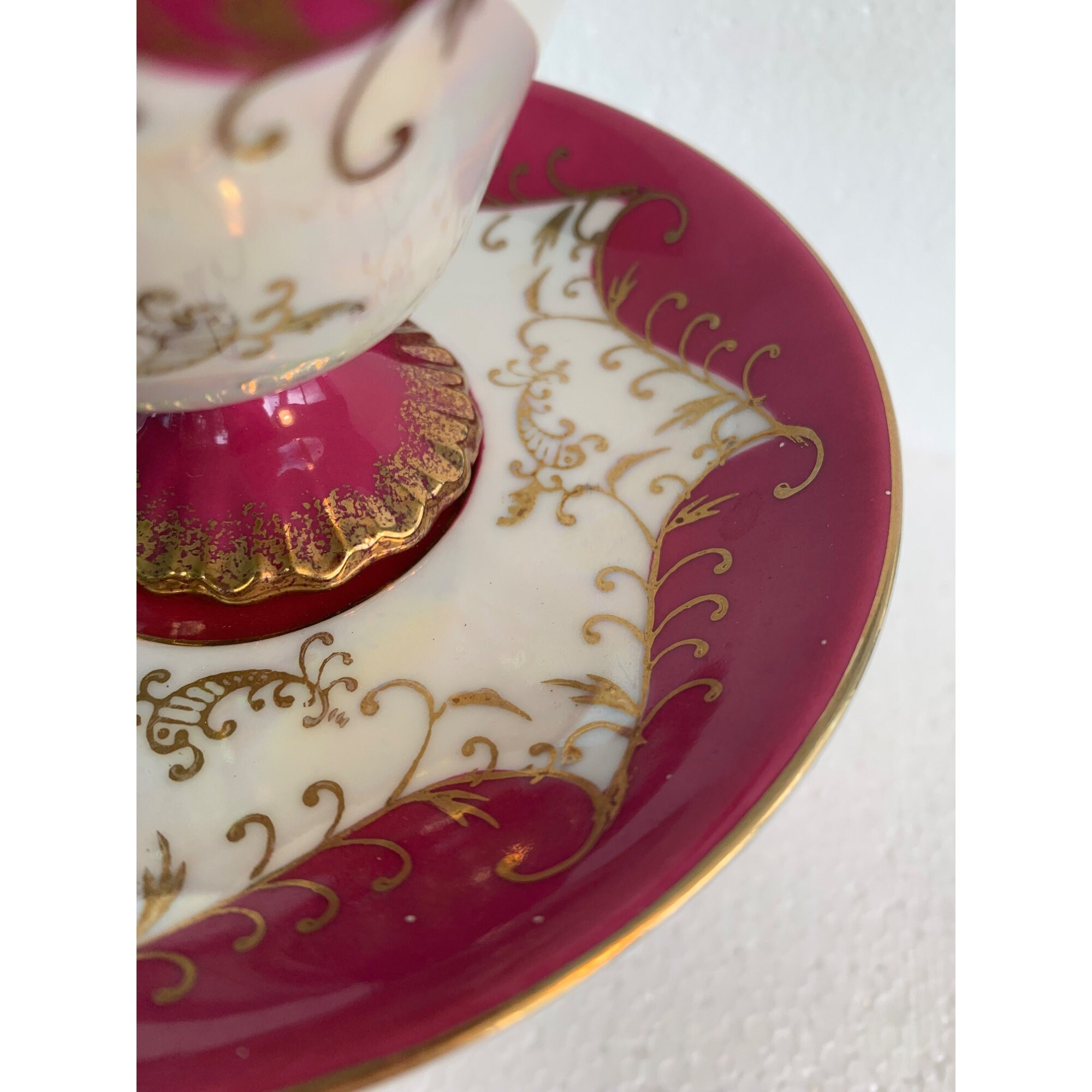 Footed Iridescent Maroon Tea Cup and Saucer - Etsy
