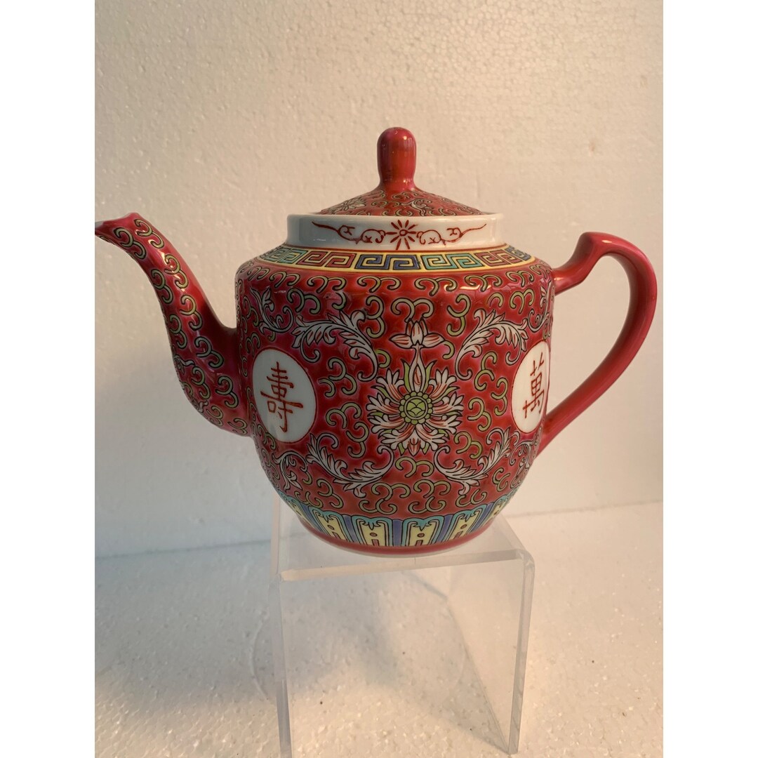Antique Chinese Red Blessings Teapot Lovely Enamel Work - Etsy