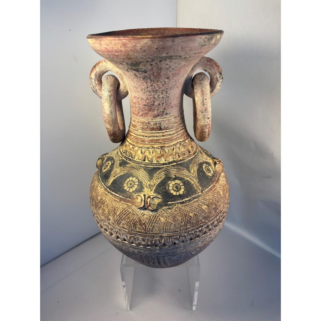 Vtg Redware Vase 10 in X 7 in Tall Neck W Large Loop Handles Latin ...