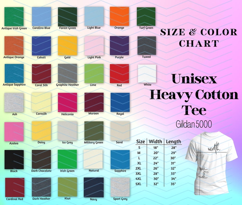 Gildan 5000 Color Chart Shirt Size Chart Gildan Shirt Size Etsy Ireland