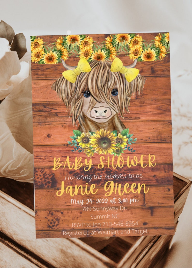 Editable Highland Cow With Sunflowers Baby Shower Invitation Cow Baby ...