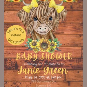 Editable Highland Cow With Sunflowers Baby Shower Invitation Cow Baby ...