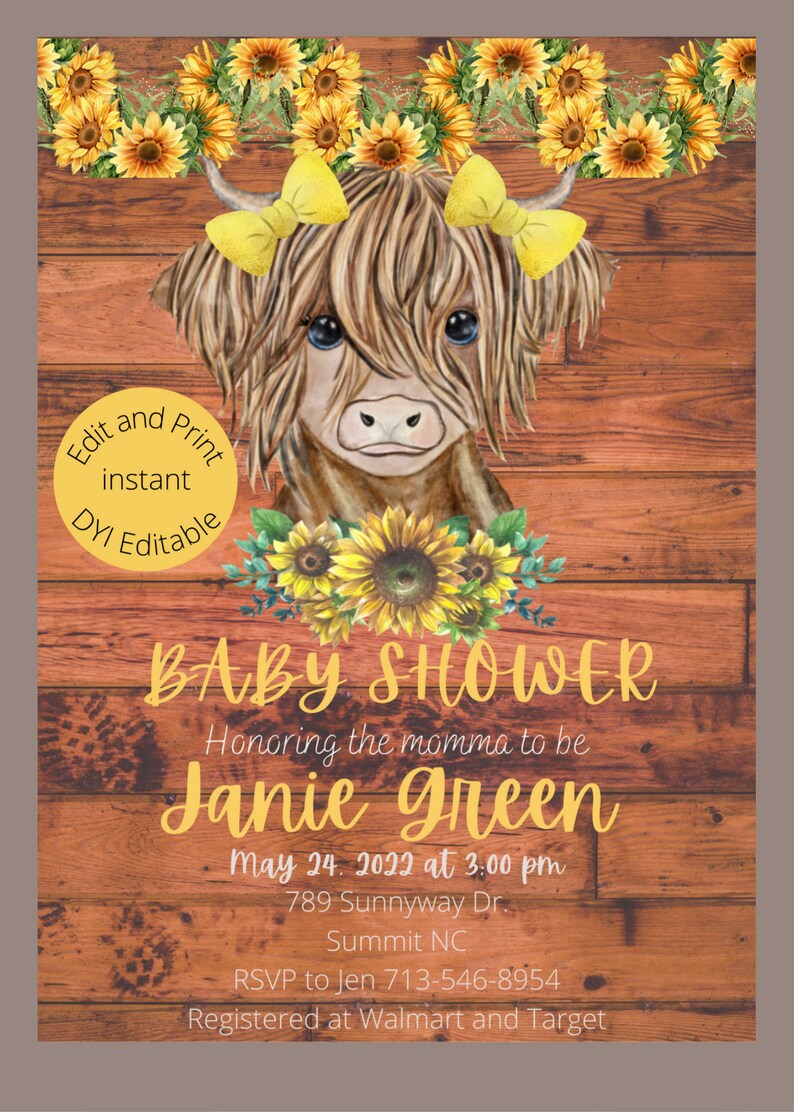 Editable Highland Cow With Sunflowers Baby Shower Invitation Cow Baby ...