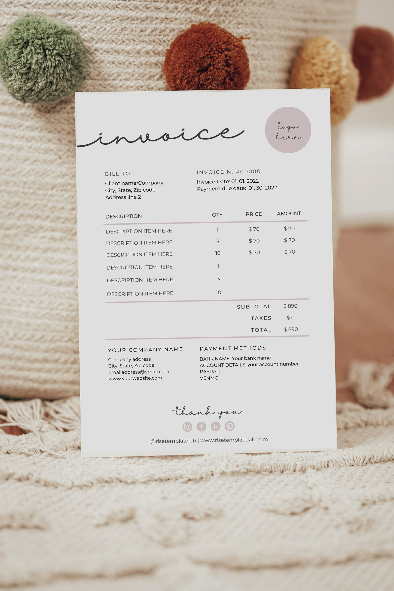 Boho Invoice Template for Small Businesses Printable Receipt Template ...
