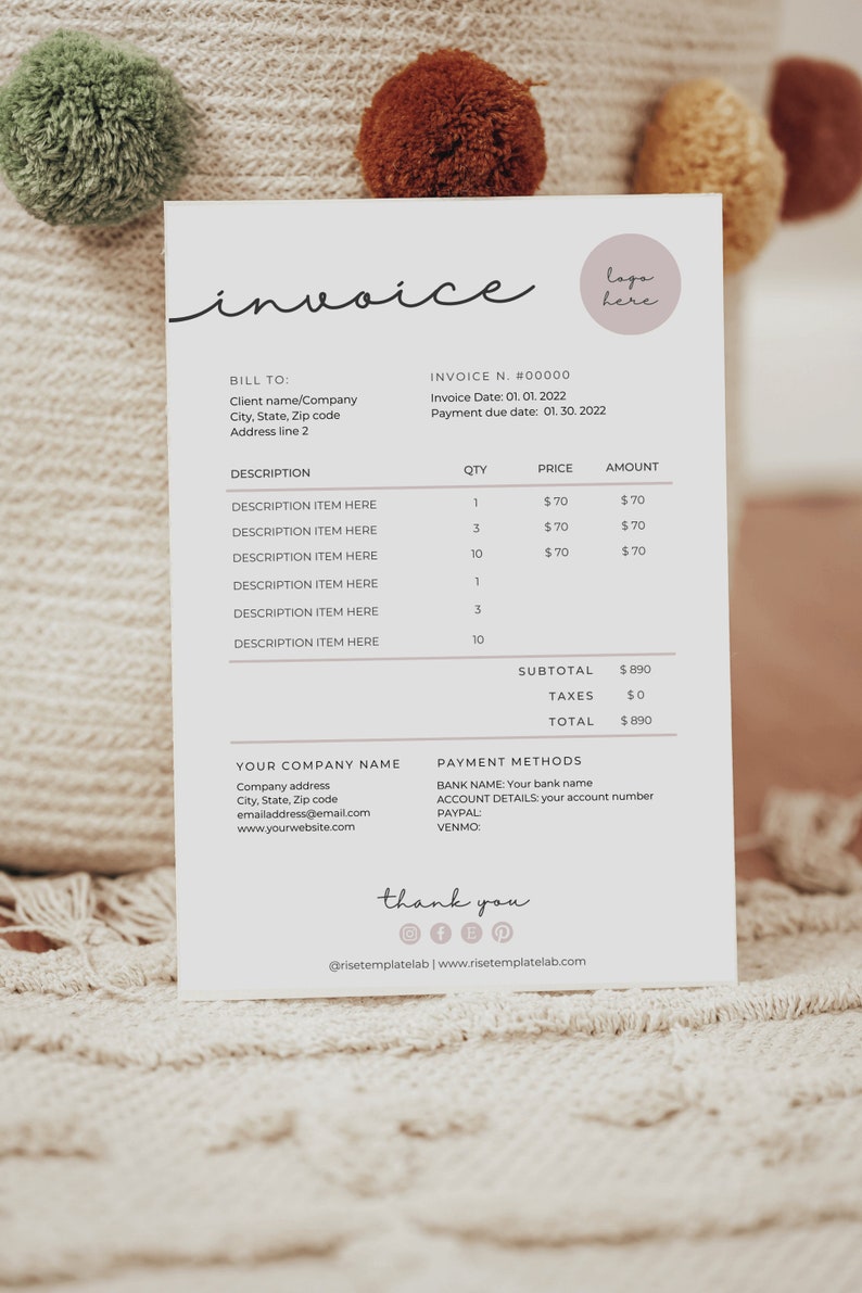 Boho Invoice Template for Small Businesses Printable Receipt Template ...