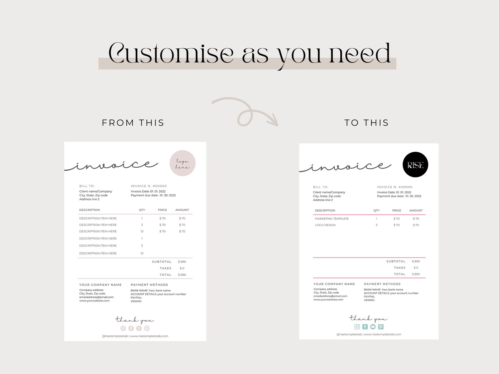 Boho Invoice Template for Small Businesses Printable Receipt Template ...