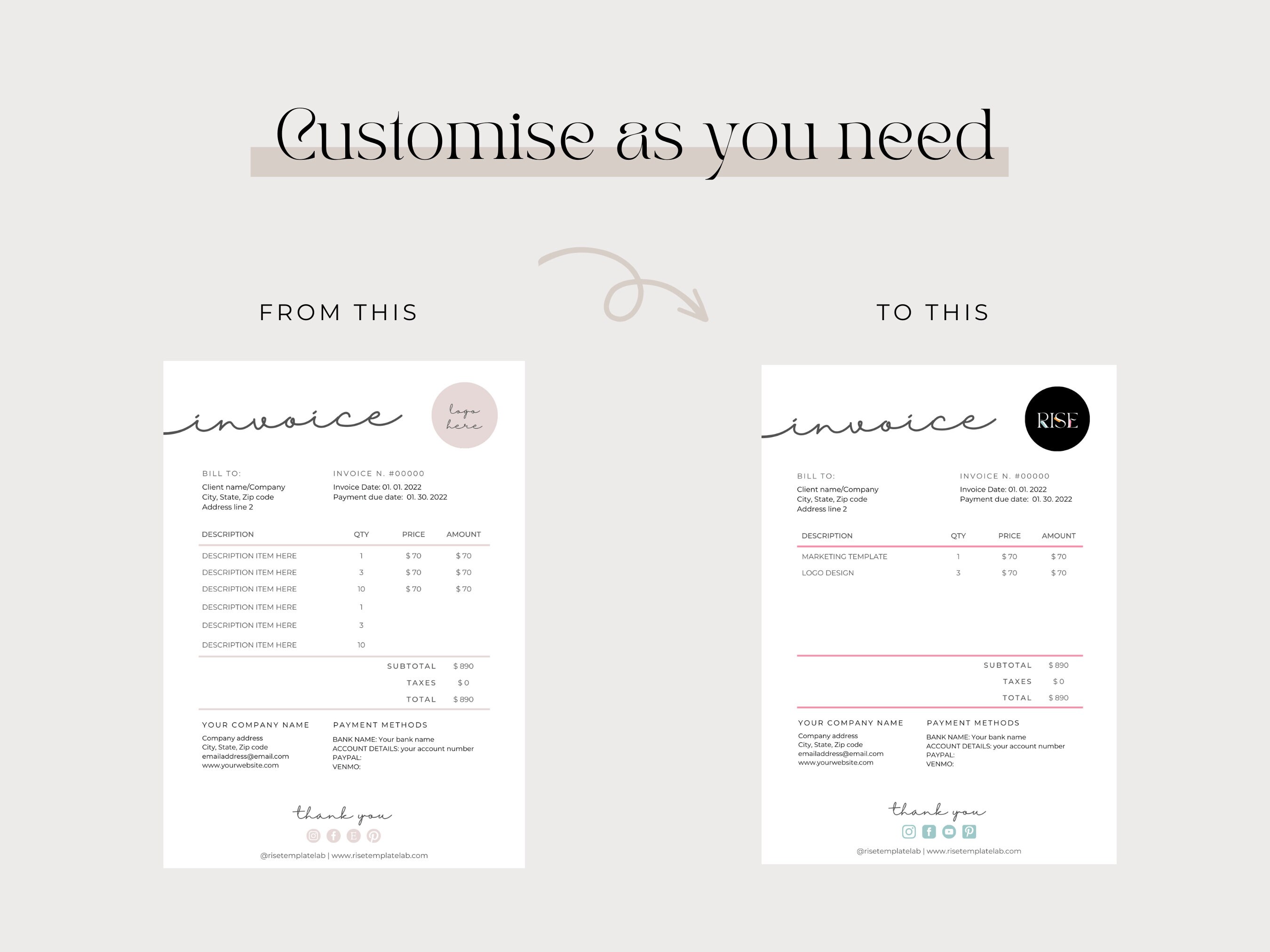 Boho Invoice Template for Small Businesses Printable Receipt Template ...