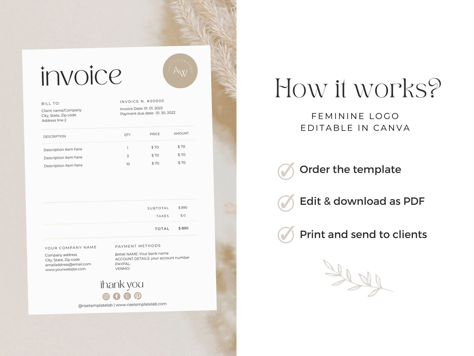 Boho Invoice Template for Small Businesses | Printable Receipt Template ...