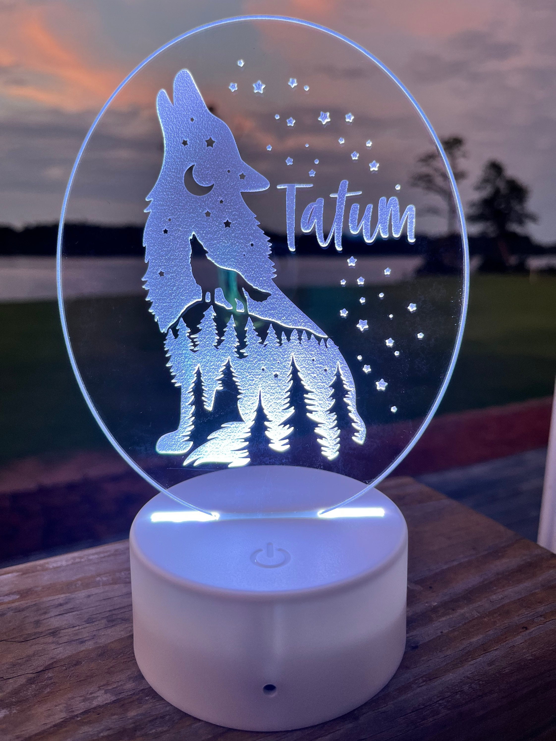 Wolf With Moon and Trees Name LED Light Personalized Custom - Etsy
