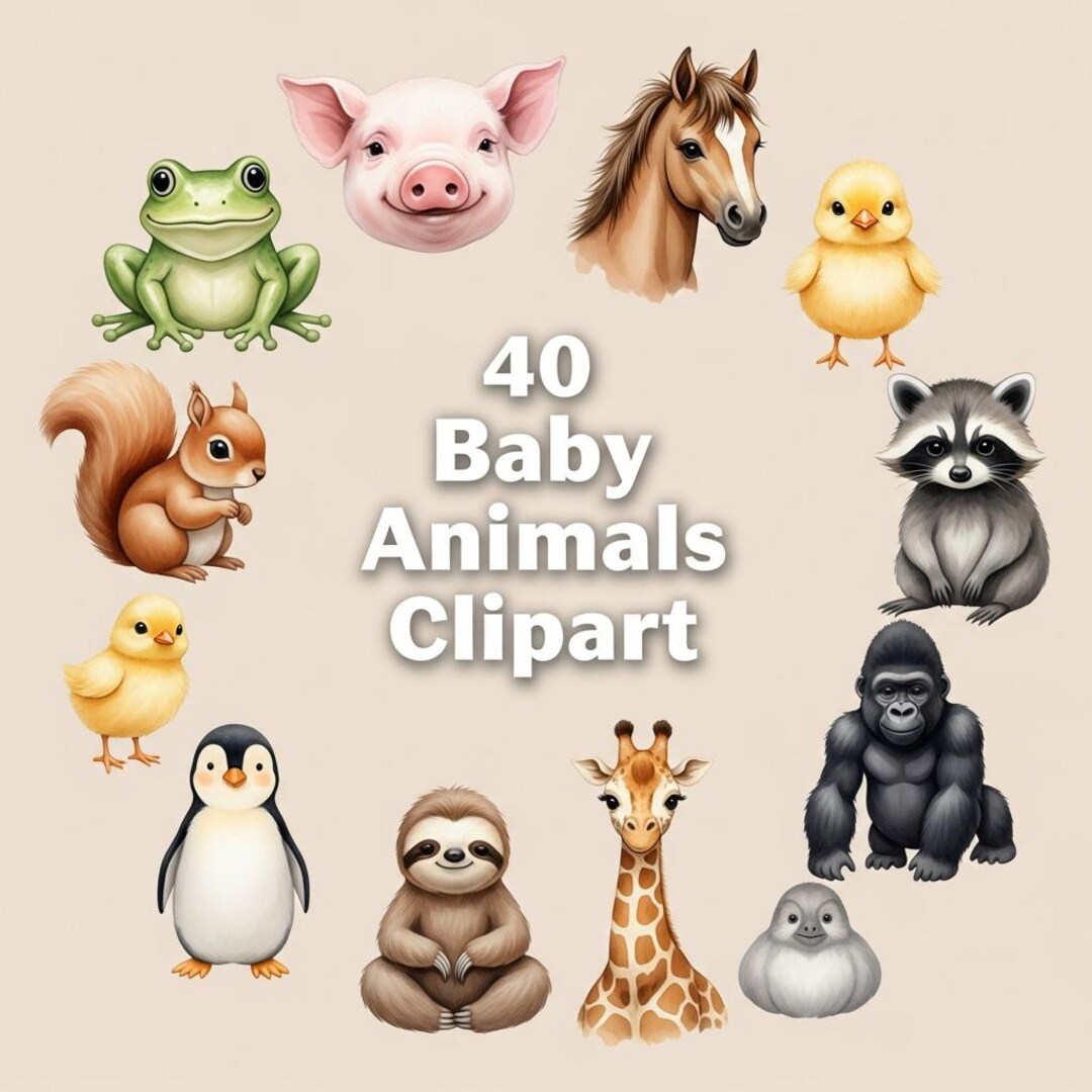 Baby Animals Watercolor Clipart Set – 40 PNG Transparent Files - Etsy