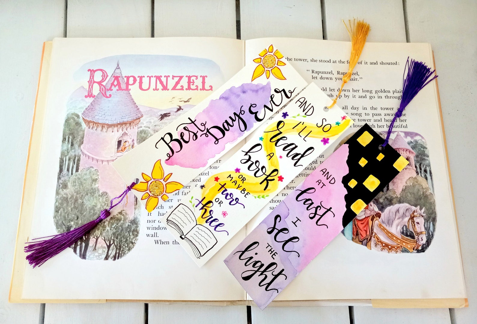 Rapunzel Bookmarks - Set of 3 - Watercolor Long Hair Bookmarks ...
