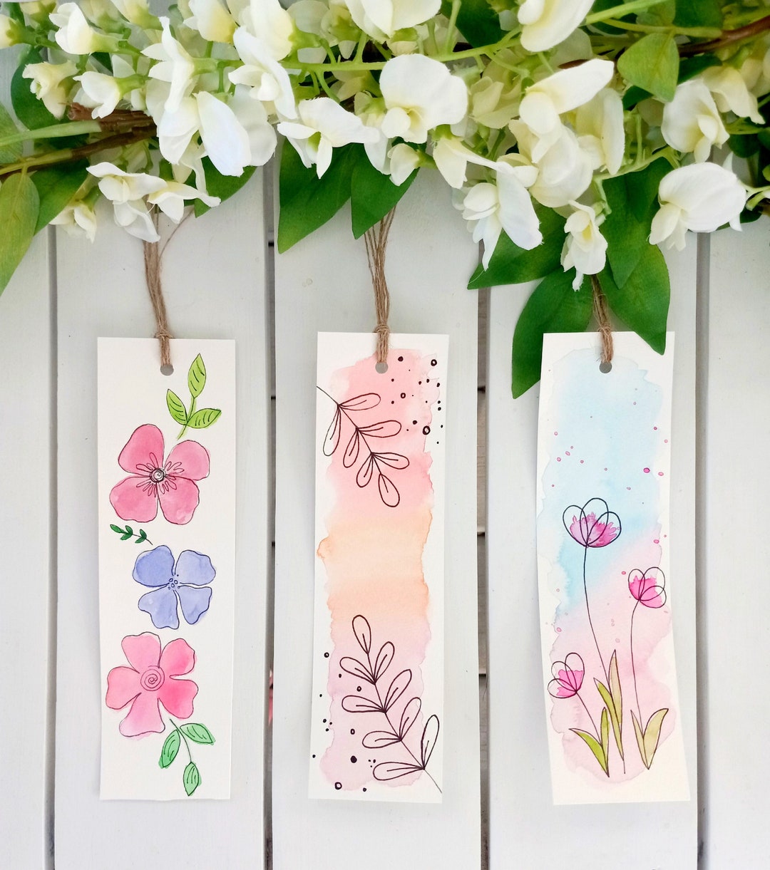 Watercolor Floral Bookmarks - Set of 3 - Handmade Flower Bookmarks ...