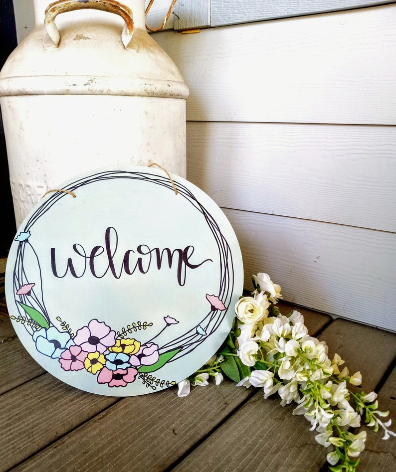 Floral Welcome Sign Front Porch Home Decor Round Wooden Door Hanging ...