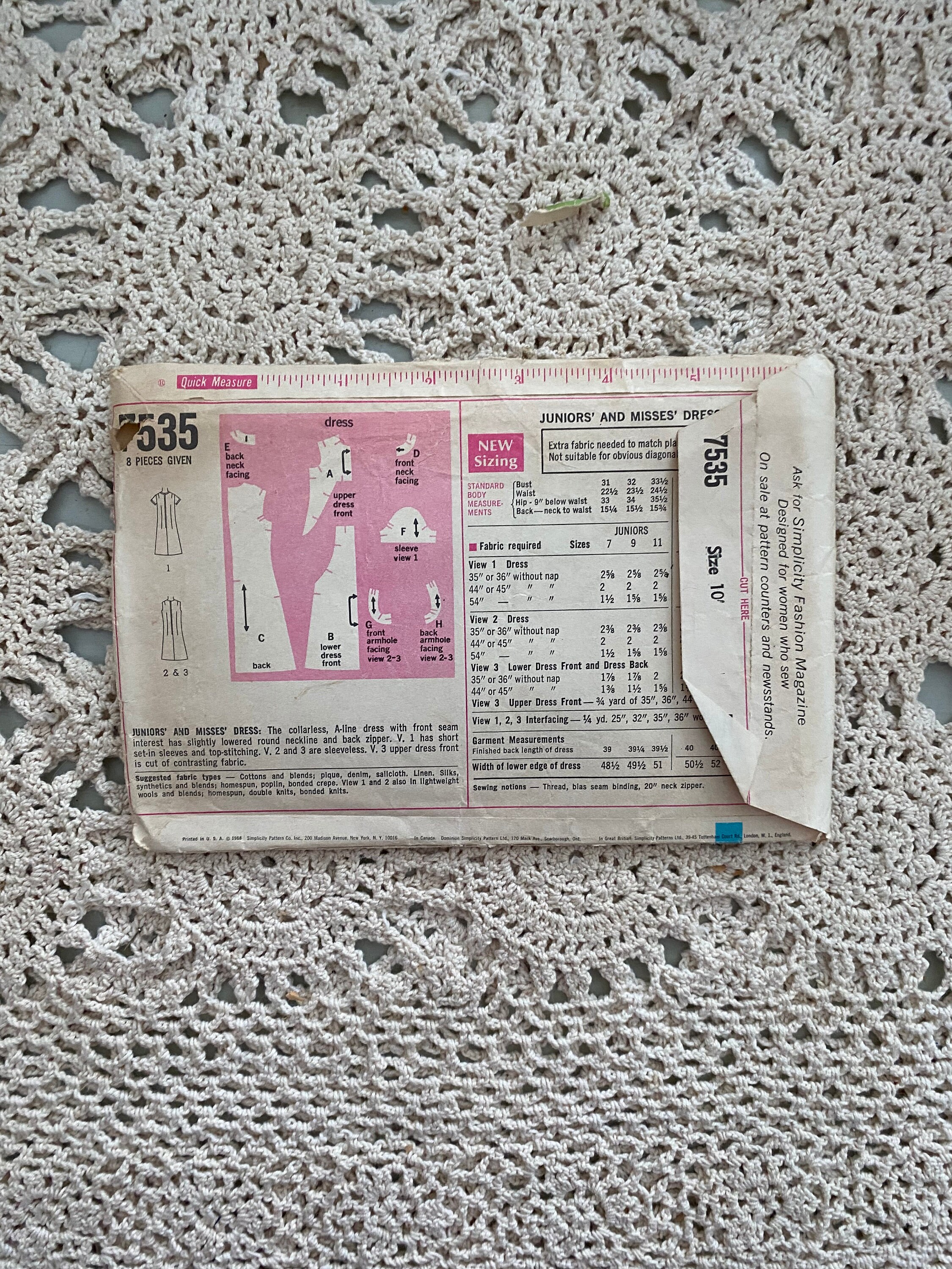 Simplicity Pattern #7535 (1968) Juniors' and Misses' Dress - Etsy