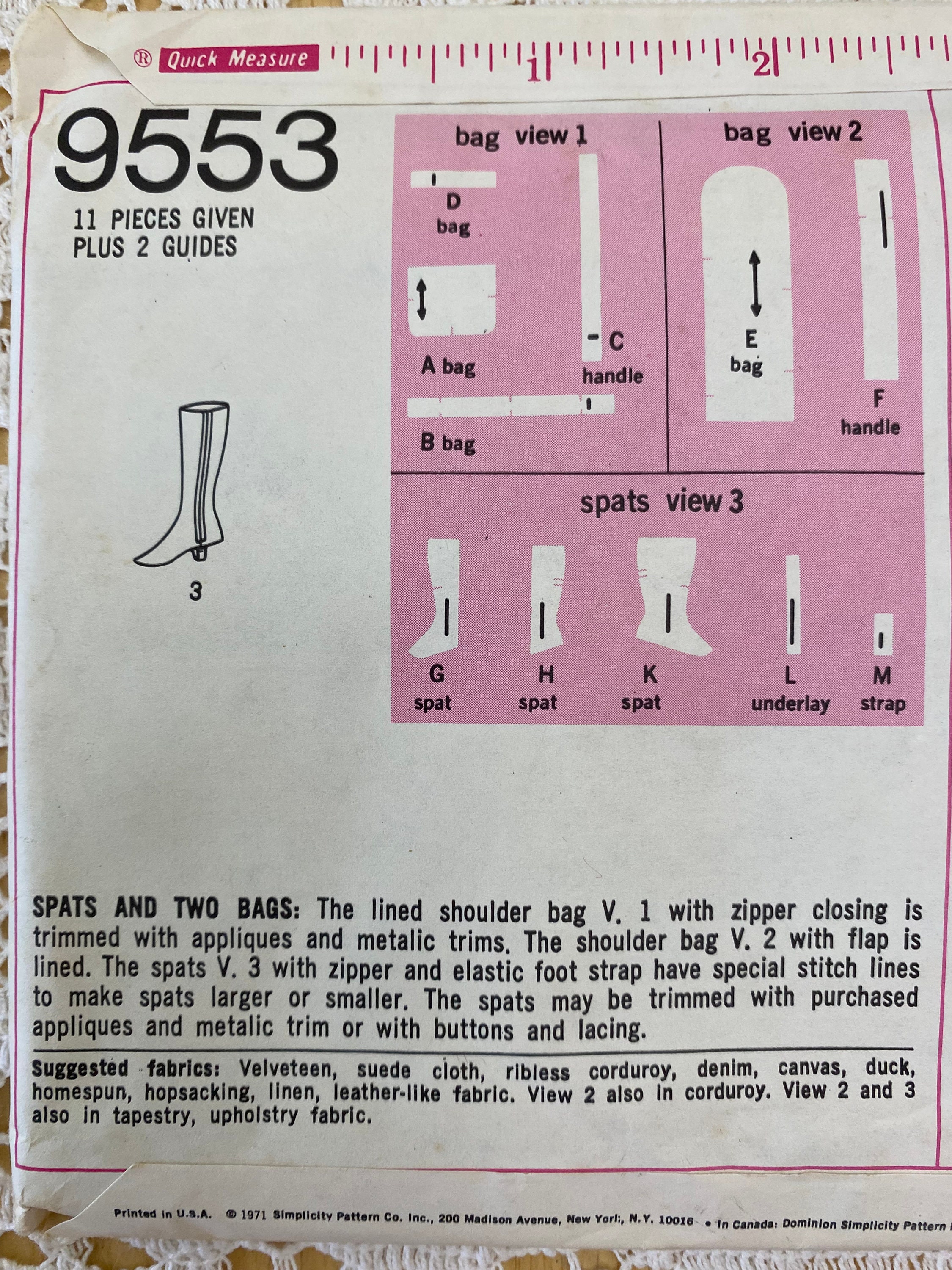 Simplicity Pattern 9553 (1971) Spats & Two Bags - Etsy