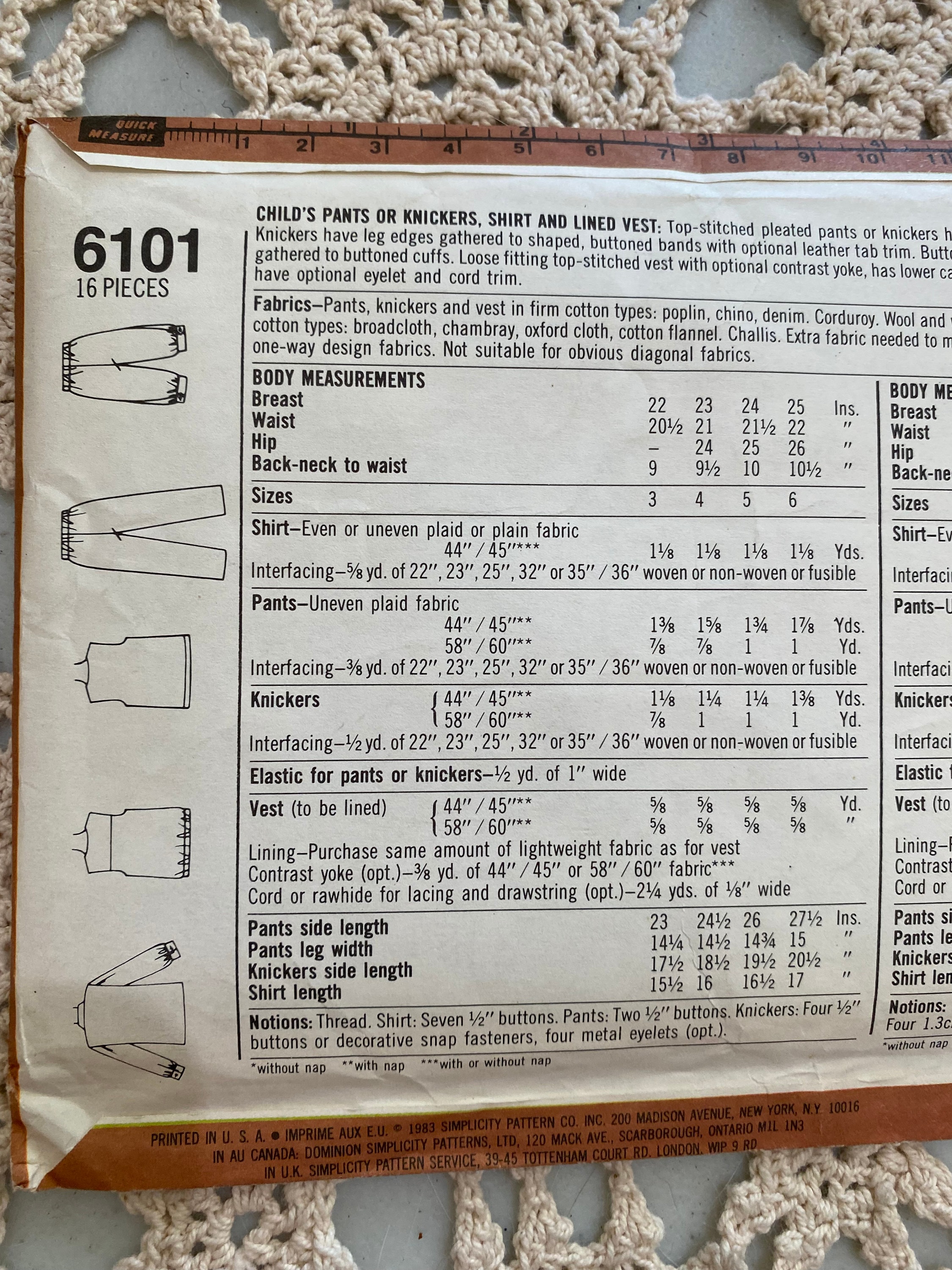 Simplicity Pattern 6101 (1983) Child's Pants, Knickers, Shirt and Lined ...