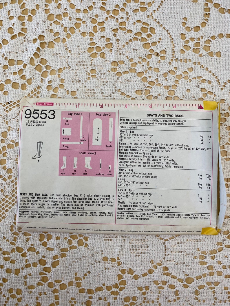 Simplicity Pattern 9553 (1971) Spats & Two Bags - Etsy