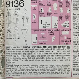 Simplicity Pattern 9136 (1970) Child's and Girls' Puritan, Centennial ...