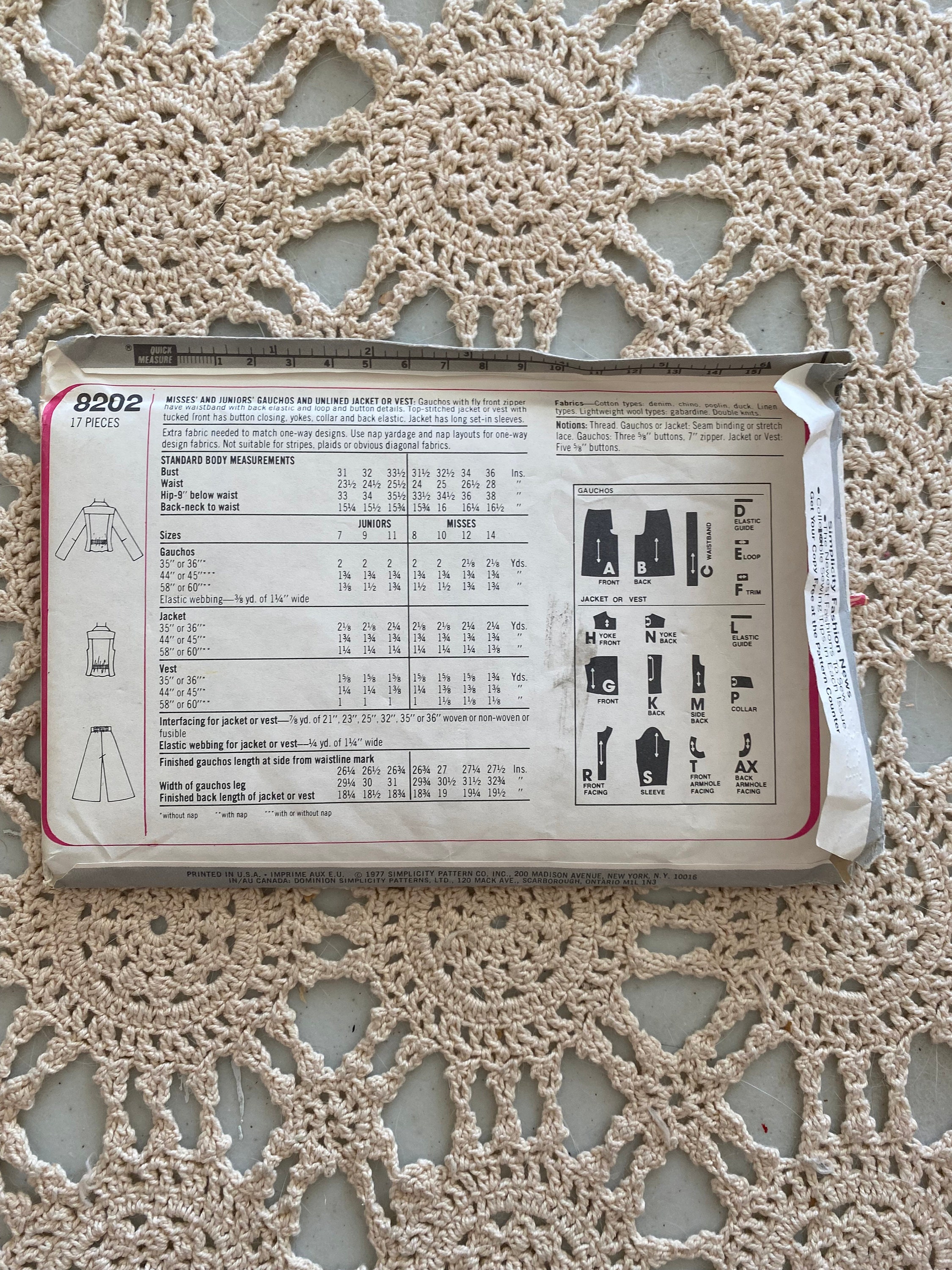 Simplicity Pattern 8202 1977 Misses' and Juniors' Gauchos and Unlined ...
