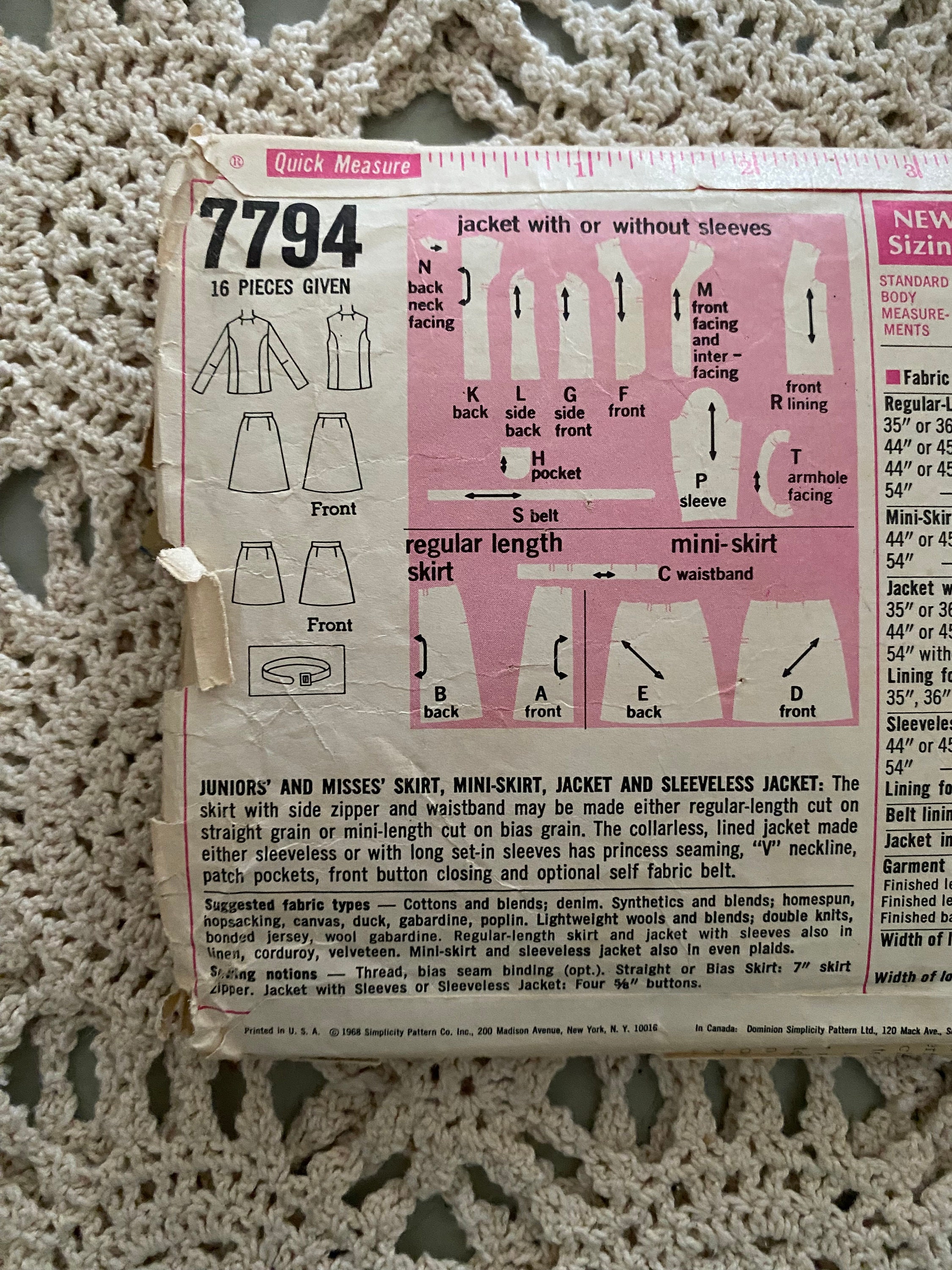 Simplicity Pattern 7794 1968 Juniors' and Misses' Skirt, Mini-skirt, Jacket and Sleeveless ...