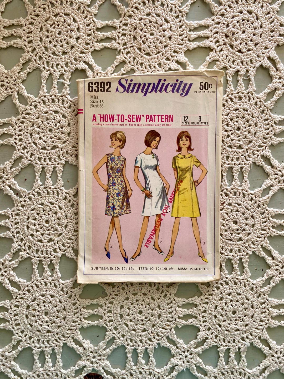 Simplicity Pattern 6392 1966 Sub-teens' and Misses' One-piece Dress ...