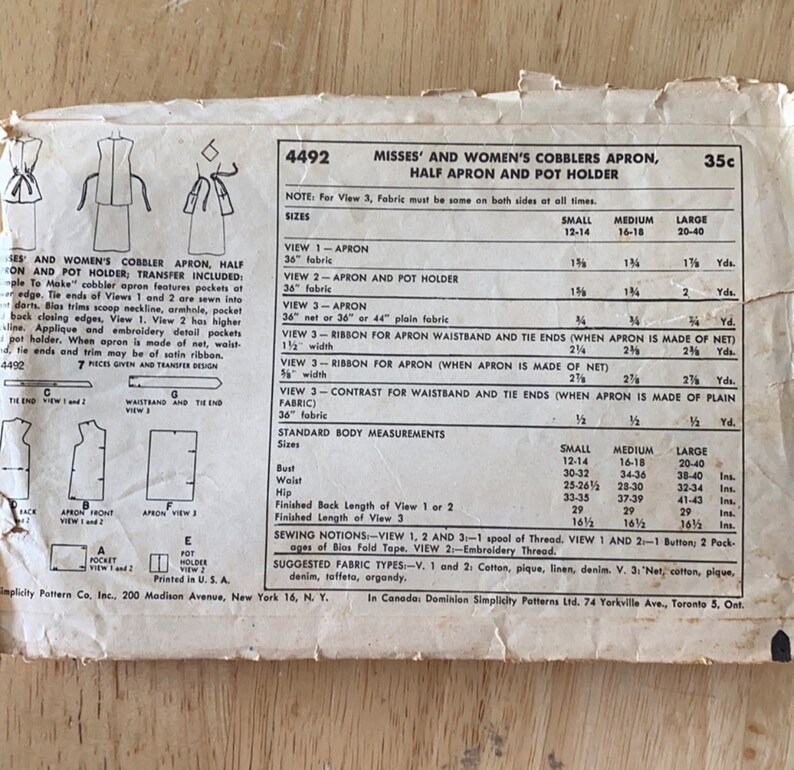 Simplicity Pattern 4492 (1952) Apron - Etsy