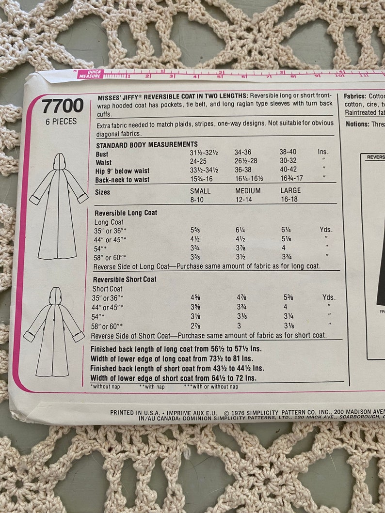 Simplicity Pattern #7700 (1976) Misses' Jiffy Reversible Coat in Two ...