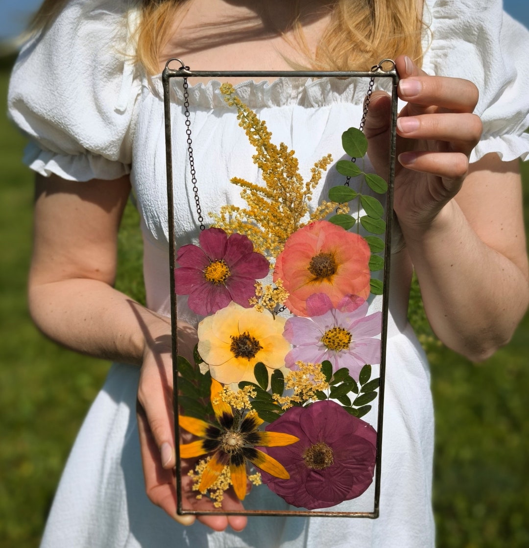 Large Pressed Flower Frame, Suncatcher Real Flowers in Stained Glass ...