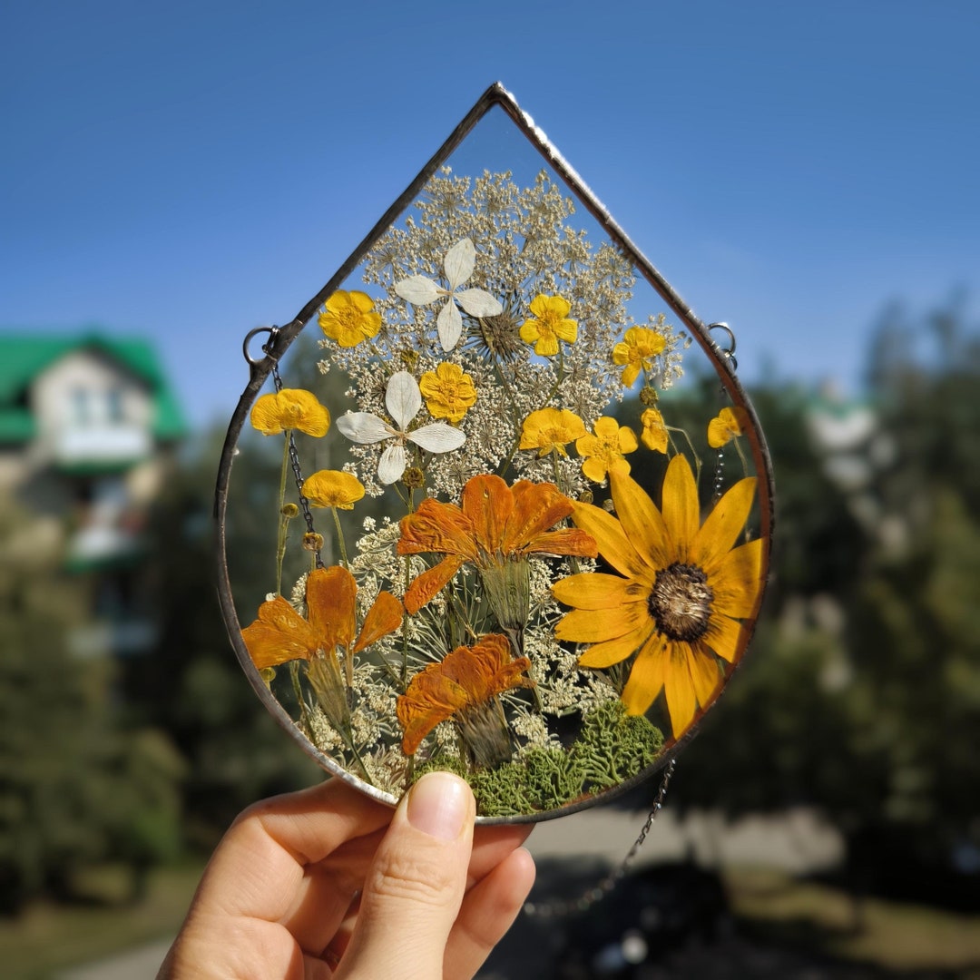 Stained Glass Pressed Flower Suncatcher: Handmade Hanging Decor - Etsy