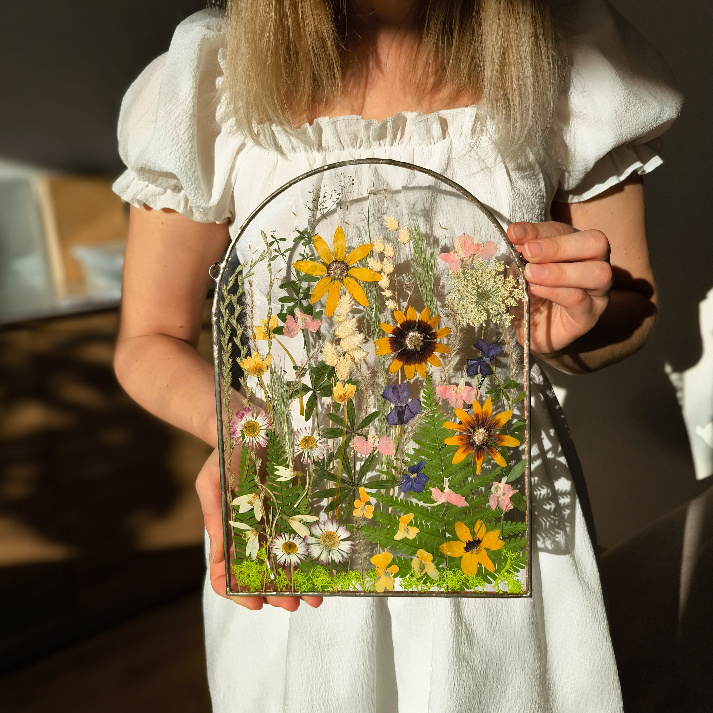 Dried Flower Bouquet in Handmade Floating Frame, Stained Glass Panel ...