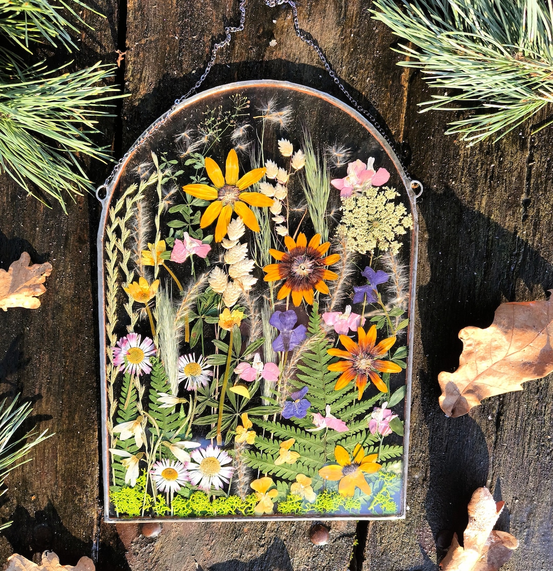 Dried Flower Bouquet in Handmade Floating Frame, Stained Glass Panel ...