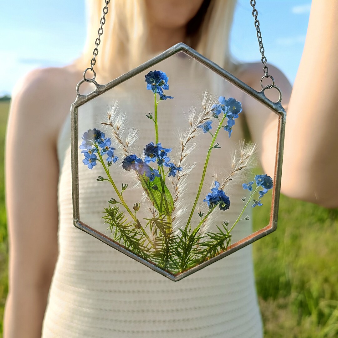 Botanical Dried Pressed Flower Frame, Hanging Wall Art, Stained Glass ...