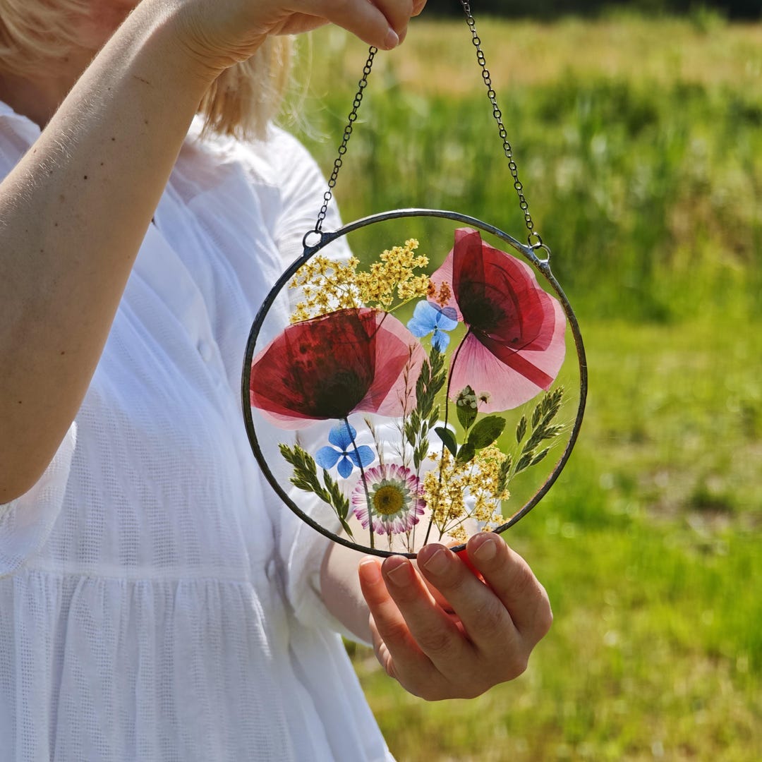 Stained Glass Poppy Panel: Farmhouse Wildflower Bouquet Art - Etsy