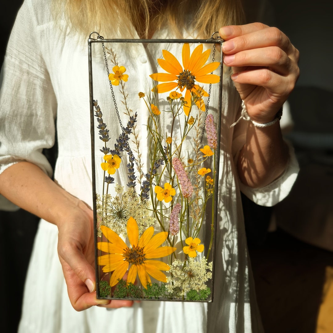 Large Pressed Flower Frame, Suncatcher Real Flowers in Stained Glass ...