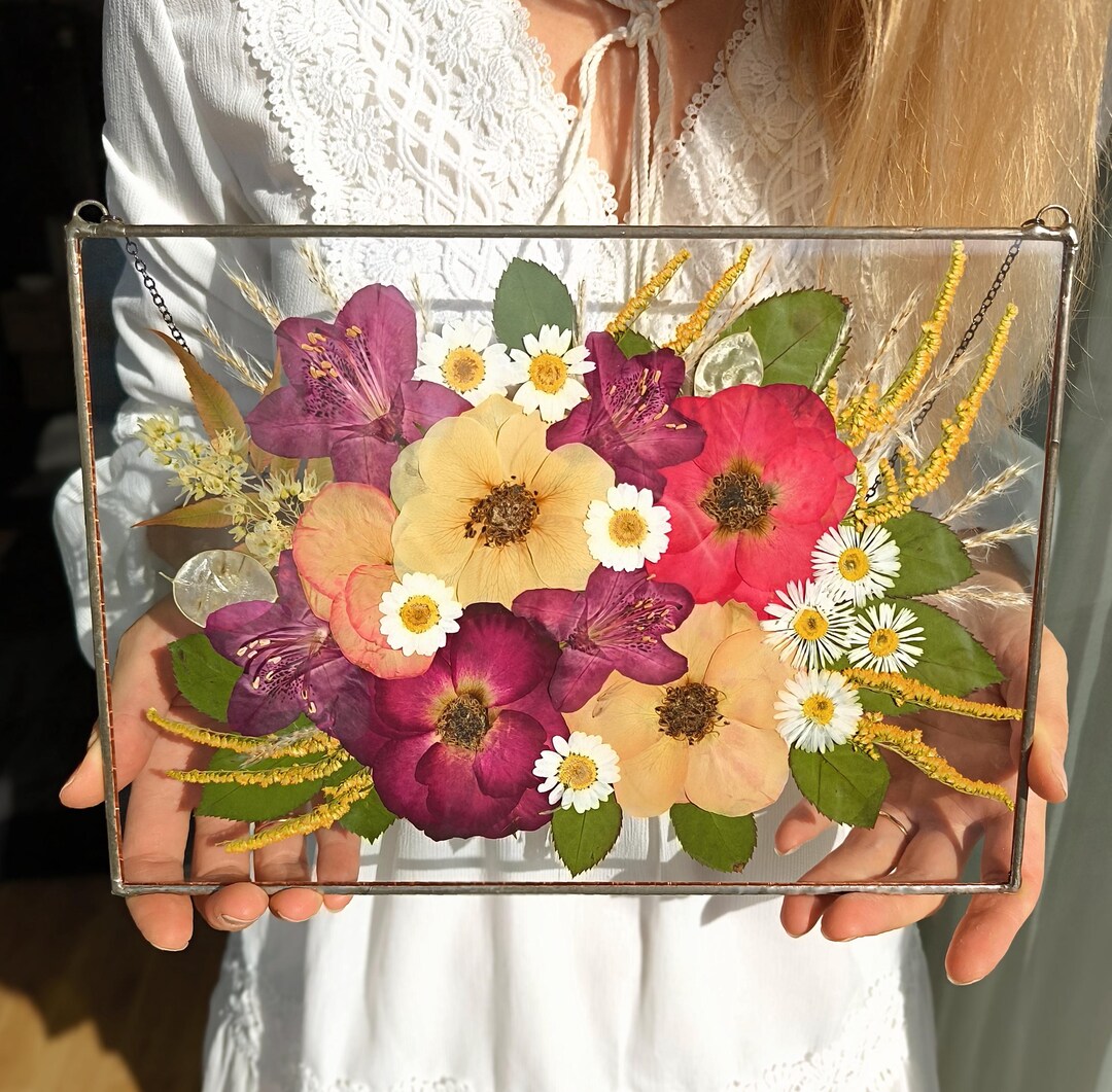 Pressed Flower Frame: Botanical Stained Glass Art, Real Wildflower ...