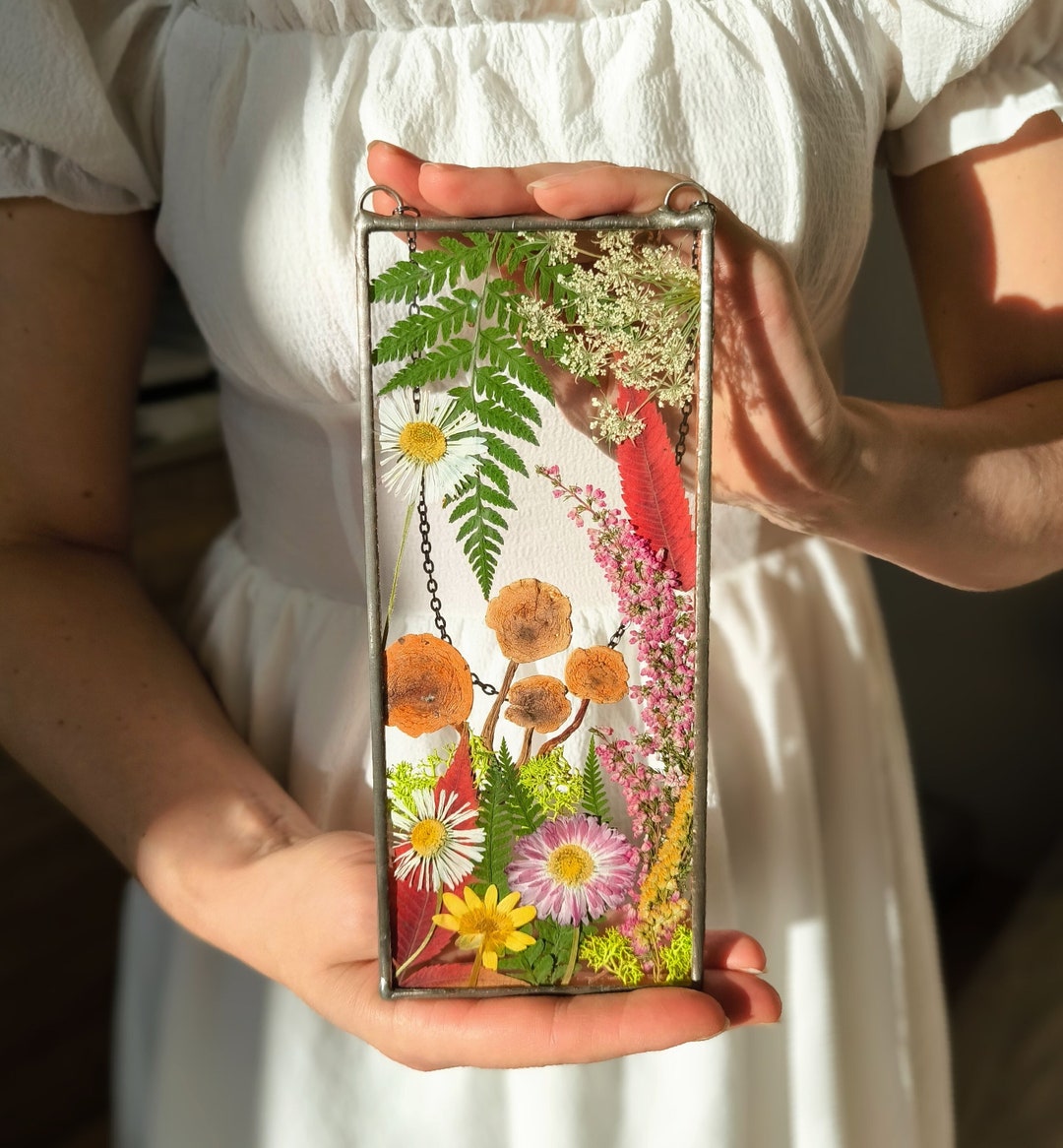 Pressed Plants Art in Stained Glass Frame, Real Wildflower and ...