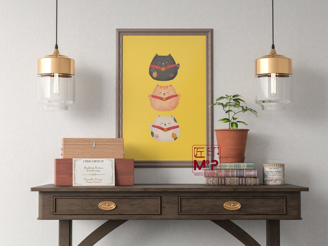 Maneki Neko Cats Art: Lucky Cat Print With 3 Cute Cats, Manifest Good ...
