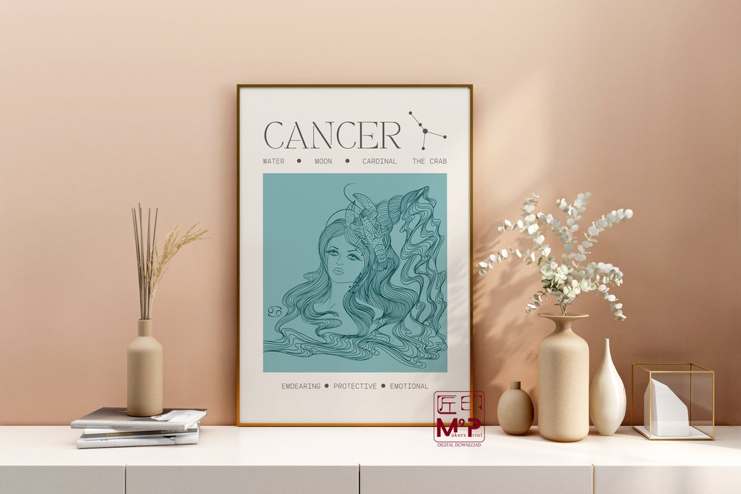 Cancer Zodiac Woman Line Art Print, Star Sign Illustration ...