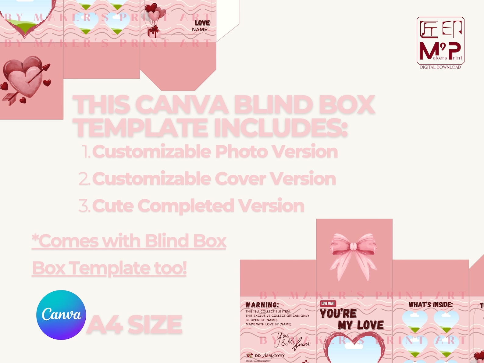 Custom Valentines Gift, Blind Box Template, Pink Printable Box ...