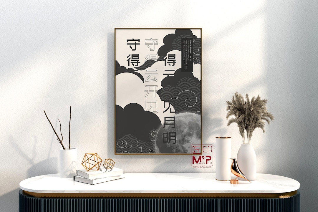 Patience Chinese Art Print, Motivational Quote, Black & White Moon ...