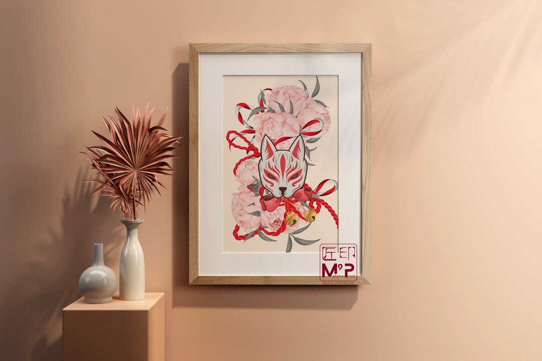 Kitsune Mask Art: Nine Tailed Fox Art, Peony Wall Print, Love ...